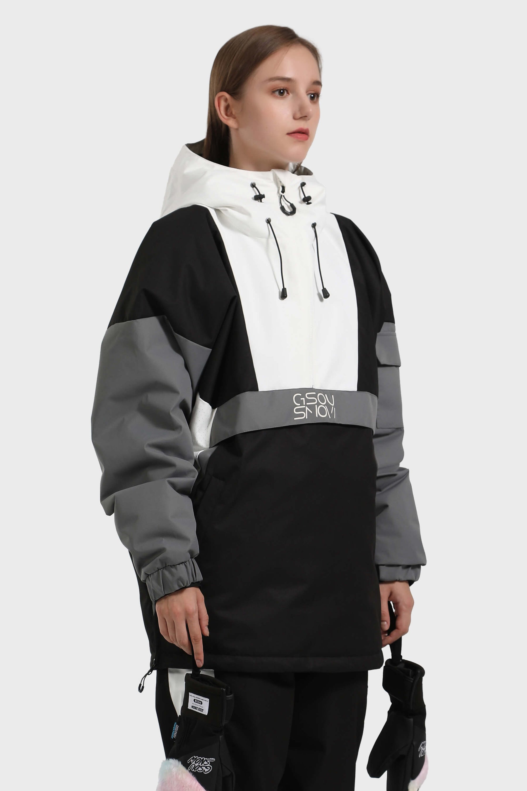 Women's White & Black Kangaroo Pocket Waterproof Baggy Snowboard Anora ...