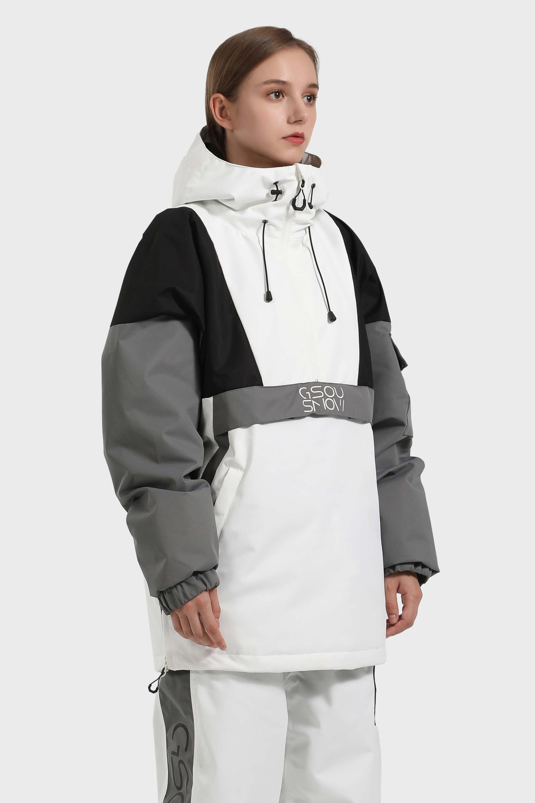 Women's White & Black Kangaroo Pocket Waterproof Baggy Snowboard Anora ...