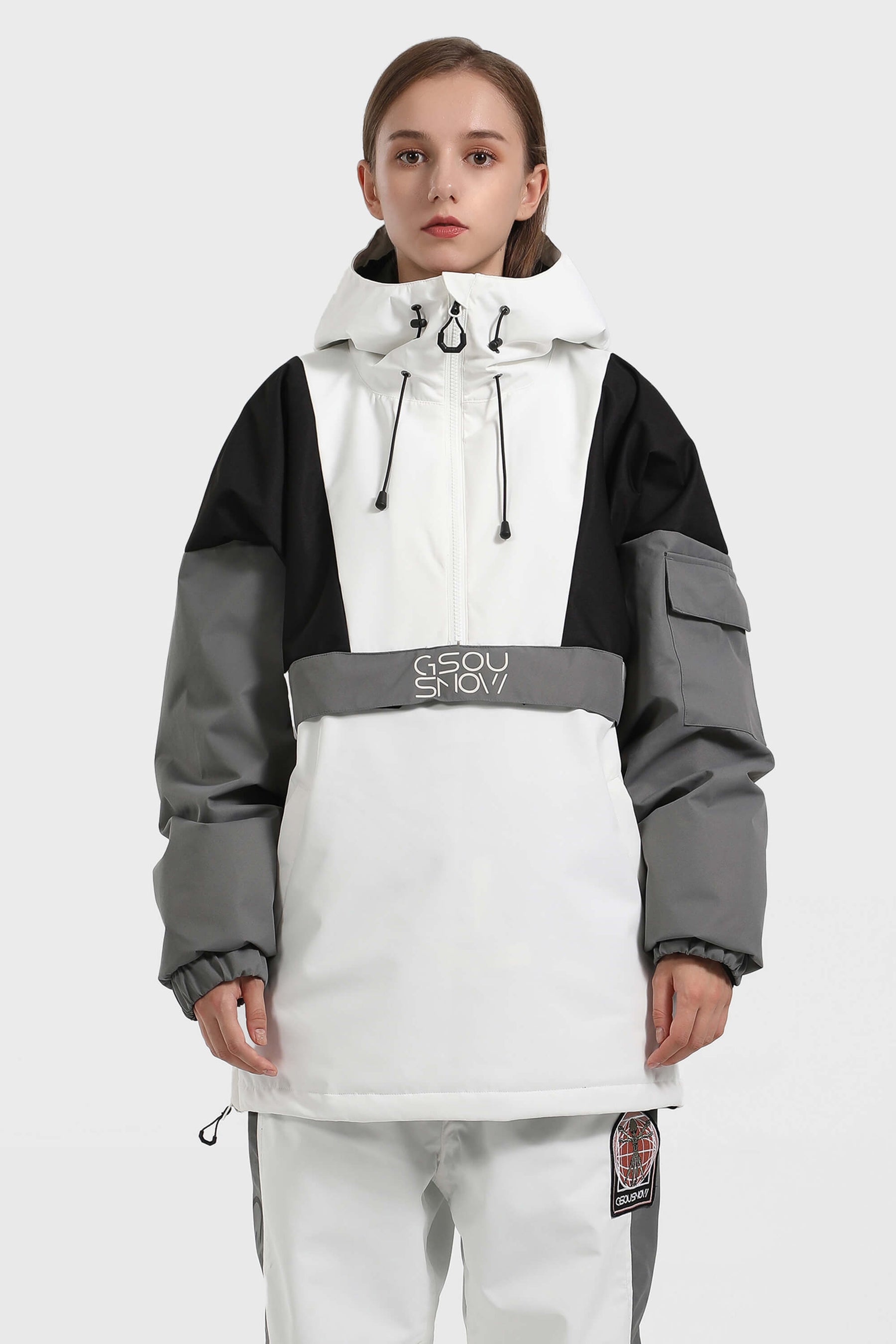Women's White & Black Kangaroo Pocket Waterproof Baggy Snowboard Anora ...