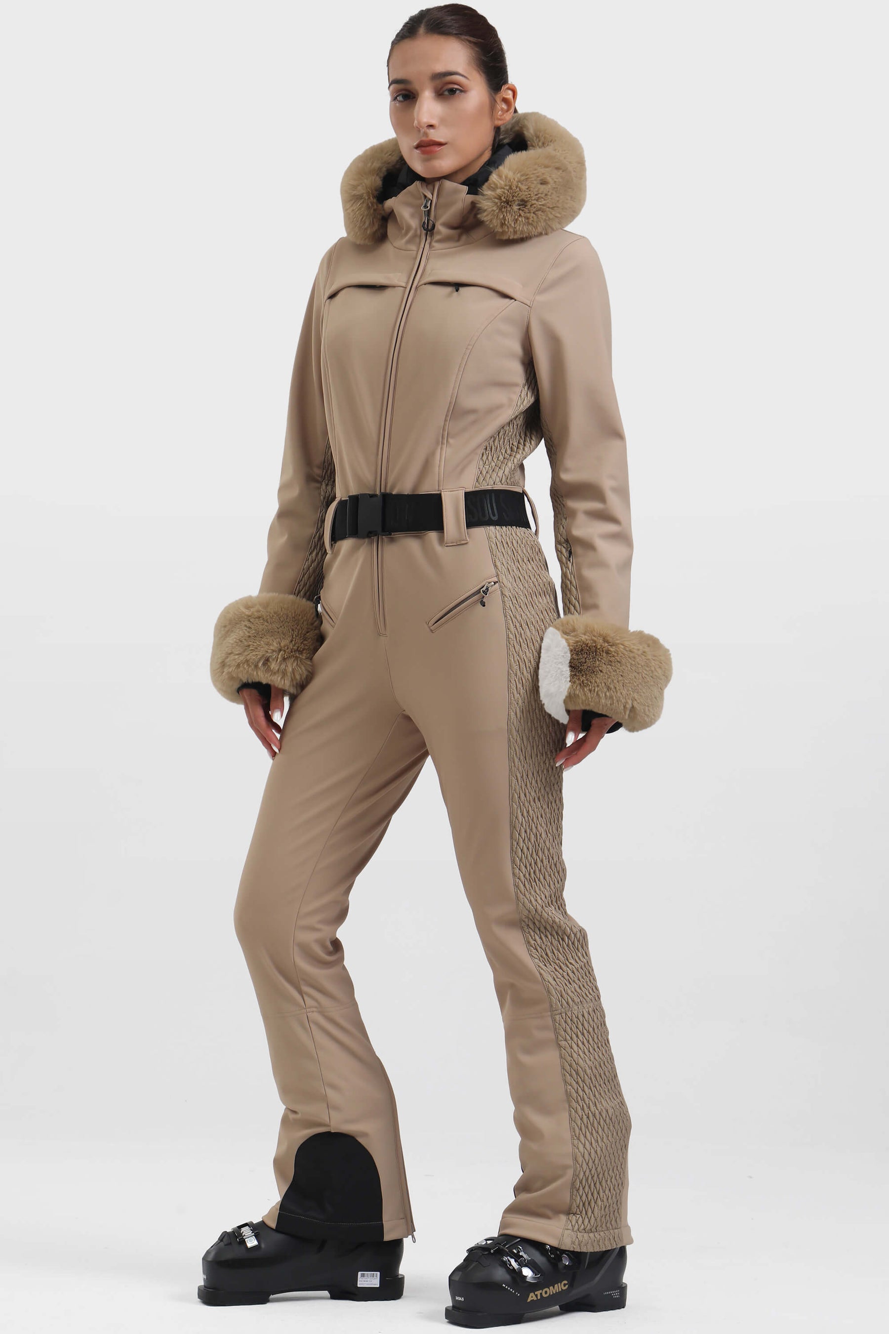 Women's Black Faux Fur Shirred Waterproof One-Piece Ski Suit – GSou Snow