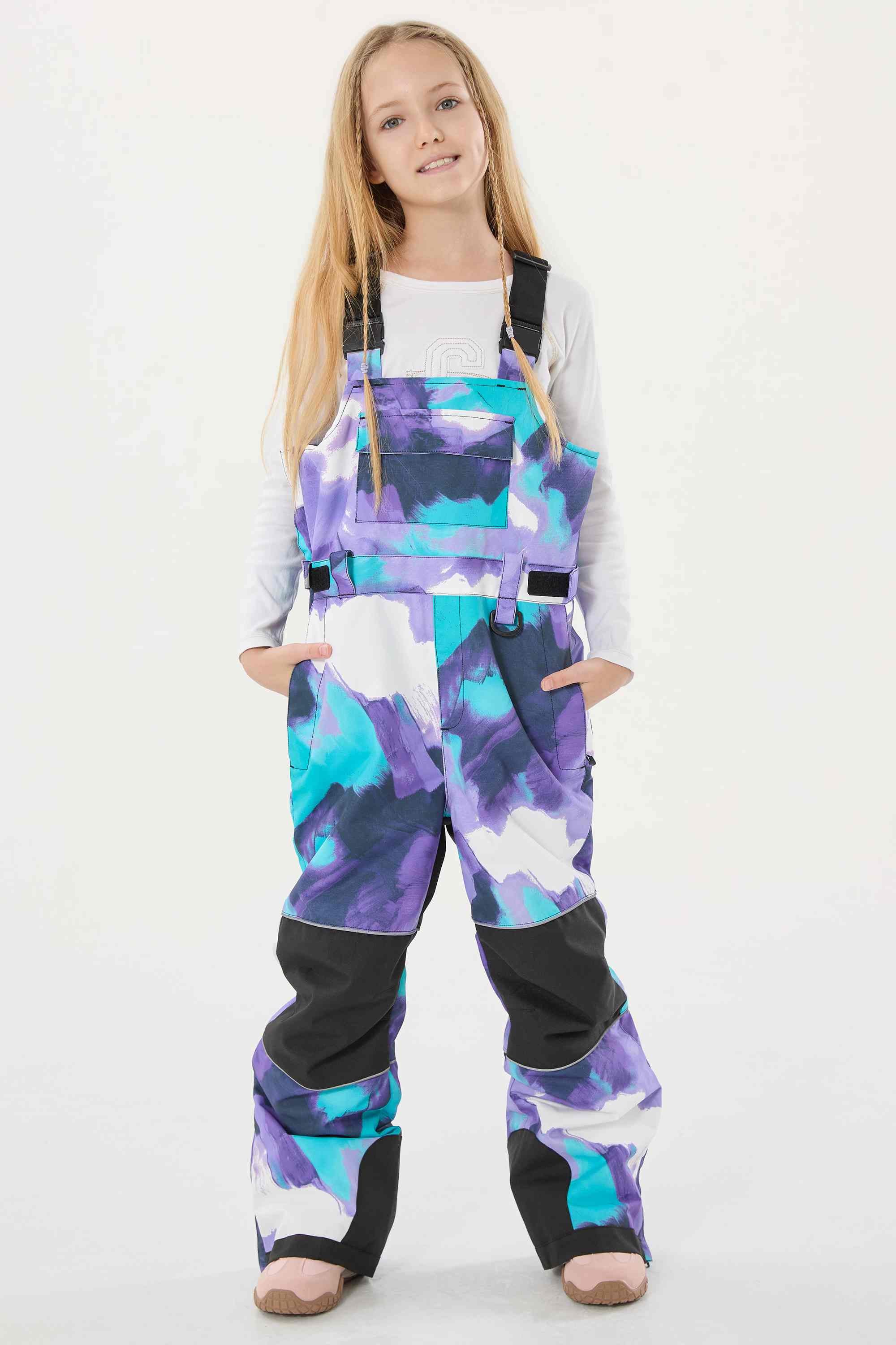 Girls’ Purple Tie-dye Reflective Durable Workwear Snow Bibs – GSou Snow