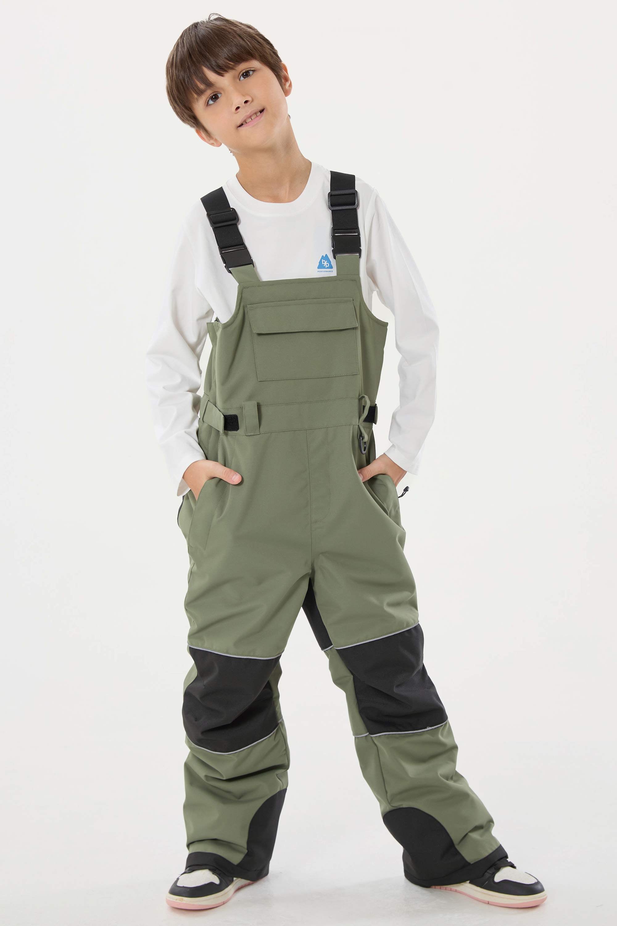 Boys’ Army Green Reflective Durable Workwear Snow Bibs – GSou Snow
