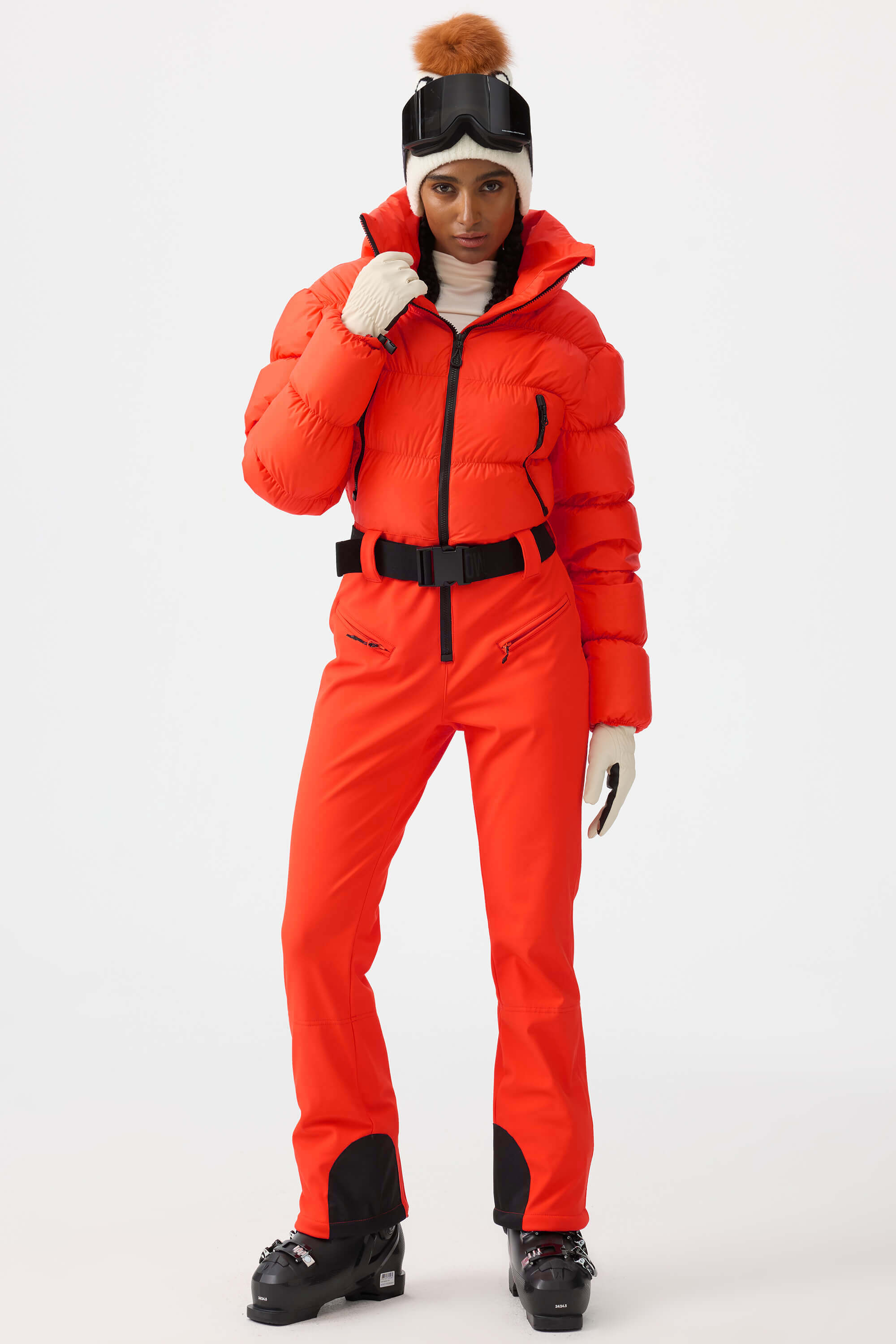 Women's Neon Orange Stain-resistant Down One-Piece Ski Suit – GSou Snow